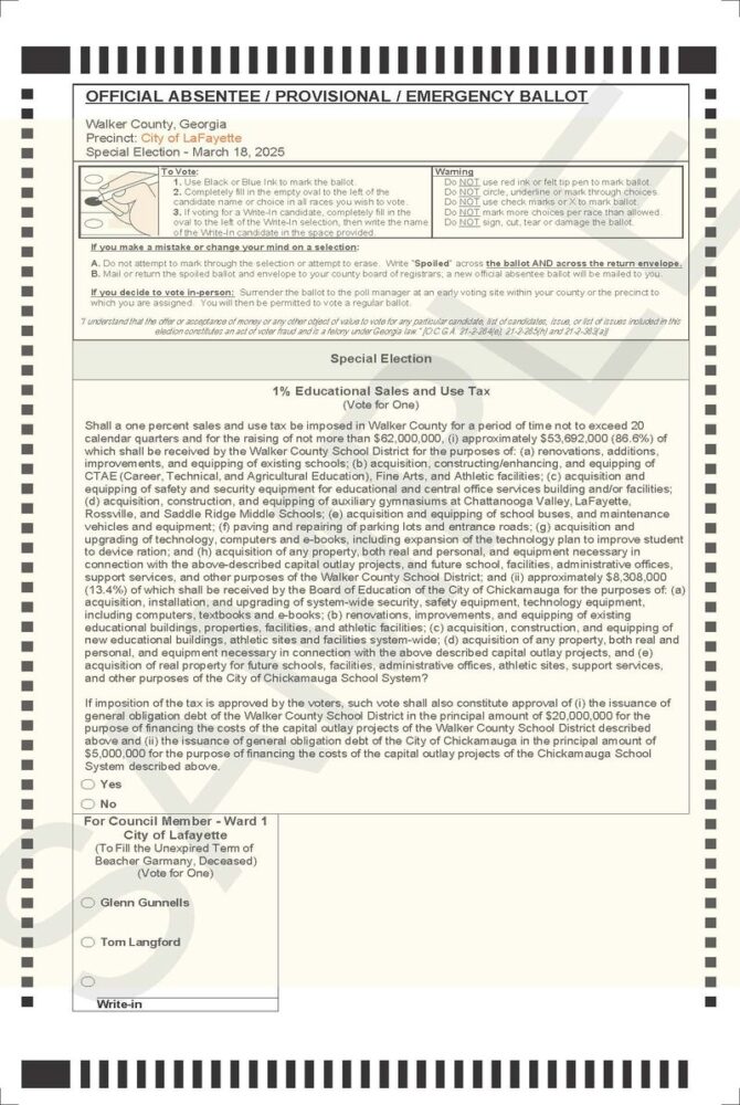 Sample Ballot For City Of LaFayette Special Election March 18th ...