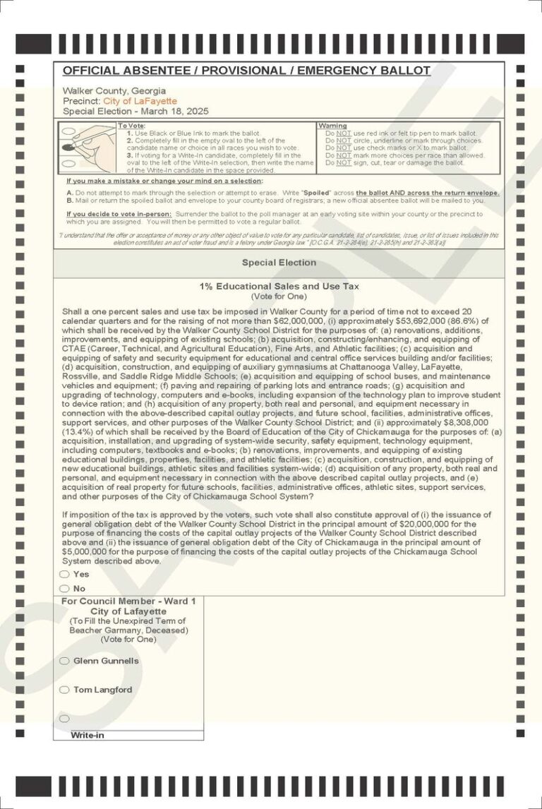 Sample Ballot For City Of LaFayette Special Election March 18th – Discover Walker